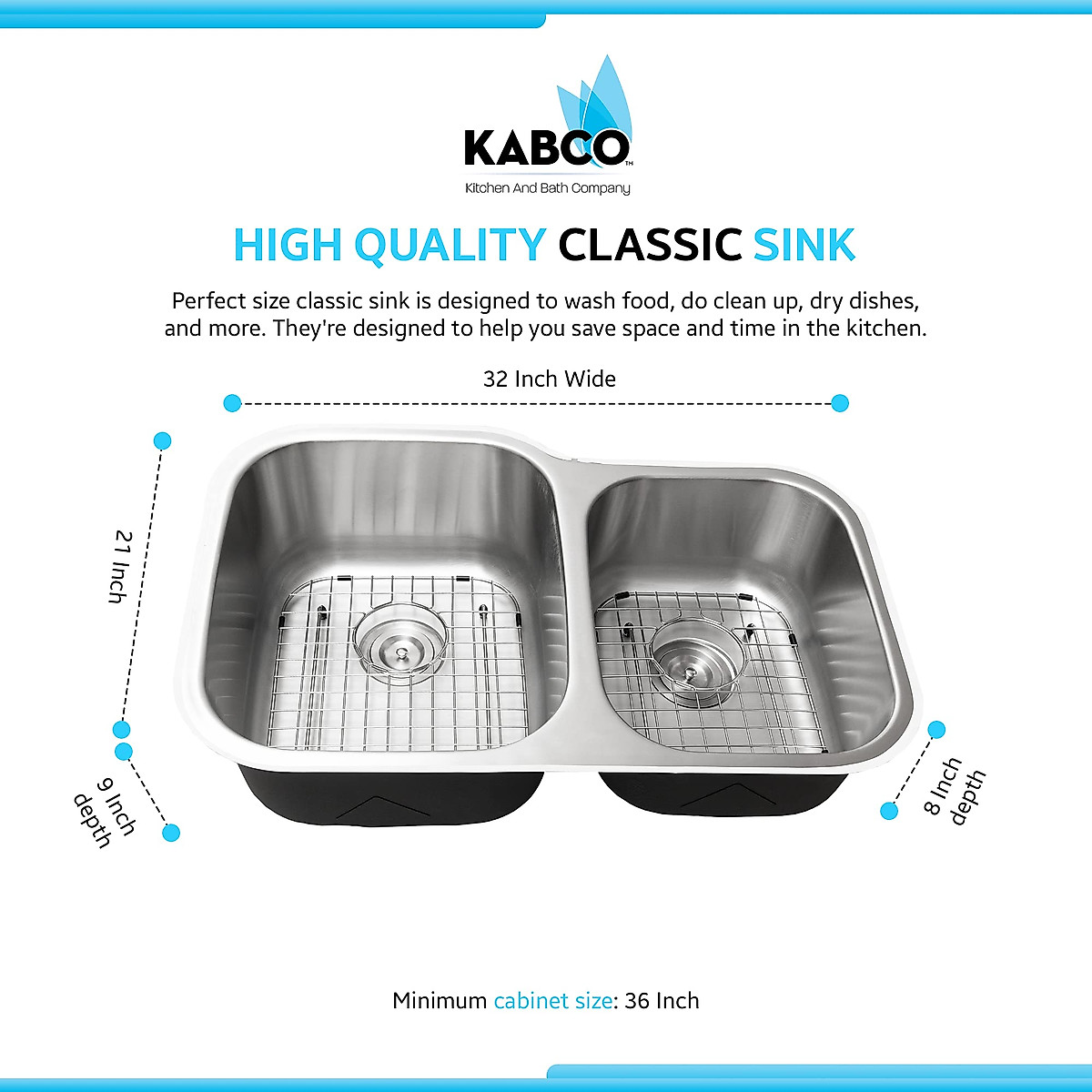 KABCO 32 Inch 18 Gauge Undermount Stainless Steel Classic Kitchen Sink, Rust Resistant, Sound and Heatproof, Double Unequal Bowl Swirl Finish Sink with Sink Strainers, Garbage Baskets and Sink Grids
