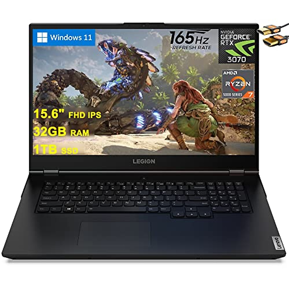 Lenovo Legion 5 15 Gaming Laptop 15.6" FHD IPS 165Hz (300 nits, 100% sRGB) AMD Octa-Core Ryzen 7 5800H (Beats i7-10870H) 32GB RAM 1TB SSD GeForce RTX 3070 8GB Graphic Backlit USB-C Win11 + HDMI Cable