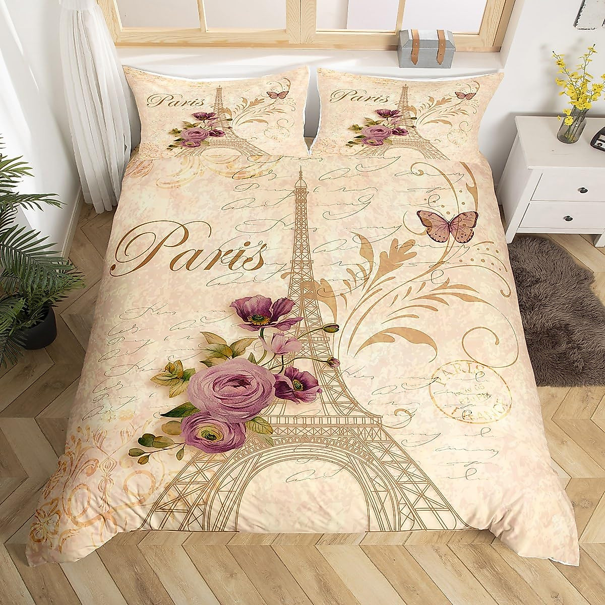 Eiffel Tower Bedding Set,Purple Rose Duvet Cover for Kids Teens Boys Girls,Romantic Paris Comforter Cover Decorative Room,Retro Style Quilt Cover with 2 Pillowcases,King Size
