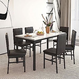 YOFE Dining Table Set for 6, Kitchen Table with 6 Chairs,Faux Marble Tabletop & 6 Leather Upholstered Chairs for Dining Room,Kitchen, Dinette, Breakfast Nook