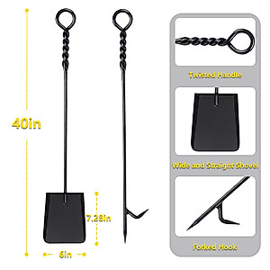 Fireplace Tools Set with 40inch Twisted Rope Design Fire Poker and Fireplace Shovel, Heavy Duty Handmade Fire Poker and Shovel for Outdoor Fire Pit Indoor FirePlace Solo Stove, Rustic Antique Style