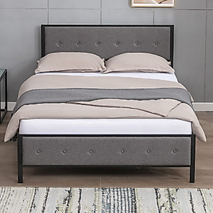 Mixoy Cal King Size Modern Metal Bed Frame with Linen Headboard, Platform Bed with Metal Slat Support, Noise Free, No Box Spring Needed(Cal King/Dark Grey)