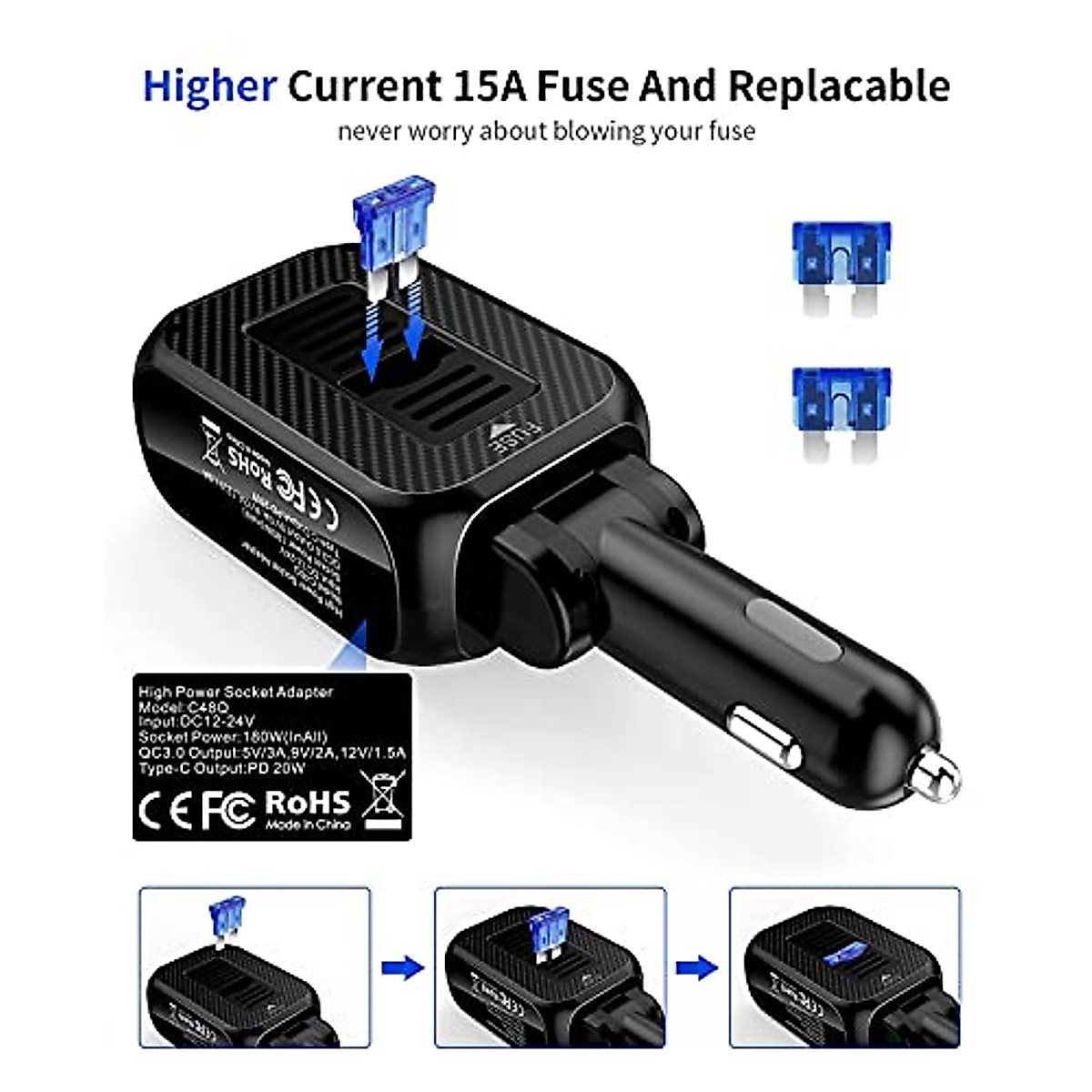 SUPERONE 180W Cigarette Lighter Splitter with 20W PD, 2-Socket Cigarette Lighter Adapter, Fast USB C Car Charger with Type-C 20W PD & QC 3.0 for Dash Cam, GPS, Laptop/iPad/iPhone 14/13/12/11/X/Samsung