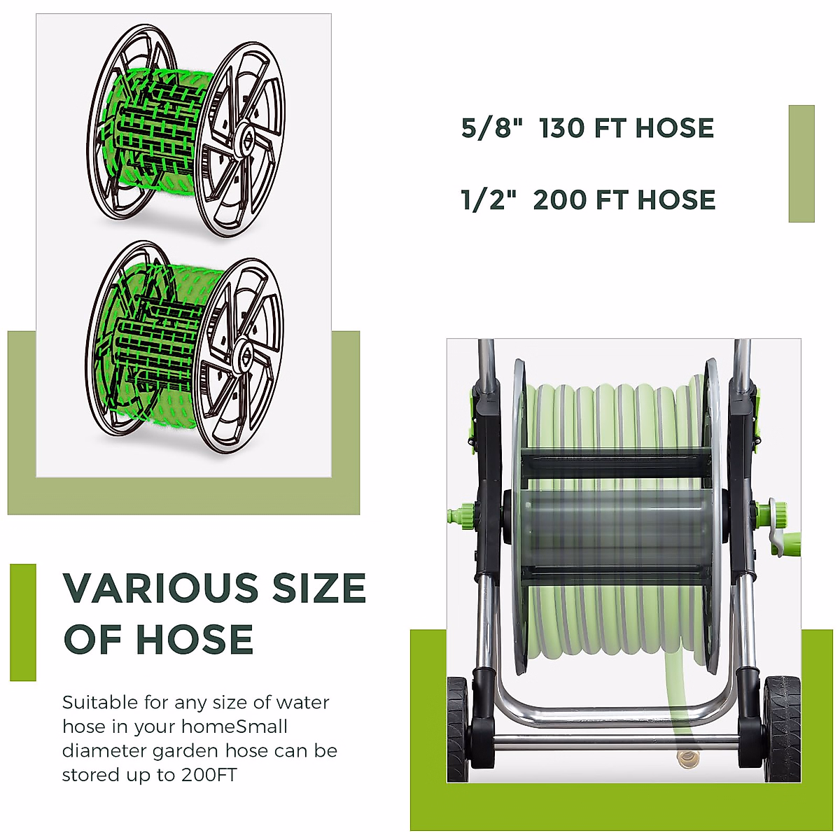 YESTAR Garden Hose Reel Cart Portable Hose Cart Hold 130 FT Hose Of 5/8 IN Heavy Duty Powder-coated Metal Water Hose Holder with Wheels For Outside Yard Lawn