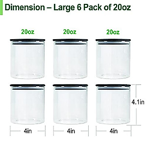 Urban Green Glass Jars with Black Lids, Glass food storage sets with airtight black lids, Glass Canisters Sets with Bamboo Lids, Glass Storage Containers with Bamboo Lids (6 Sets of 20oz)