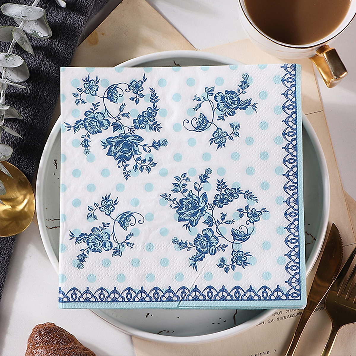 Blue Paper Cocktail Napkins Floral, Pack of 20, 2-Ply Disposable Party Pattern Napkins Decorative
