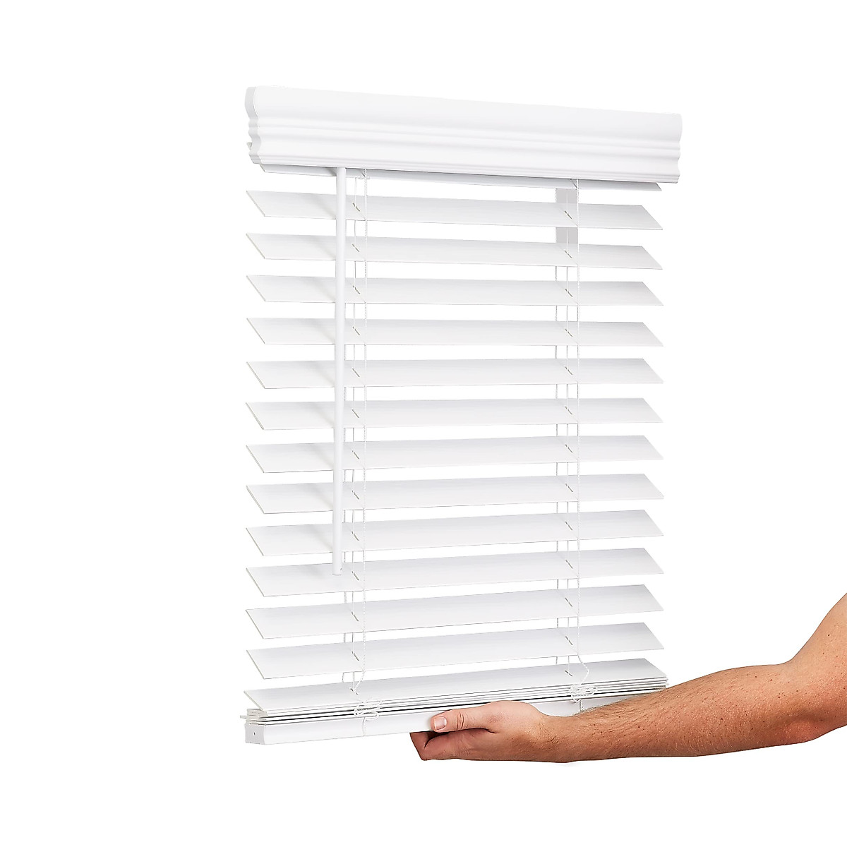 Lotus & Windoware Cordless, 2 Inch Faux Wood Room Darkening Blind, 34" Wide x 60" Long, Embossed, Bright White