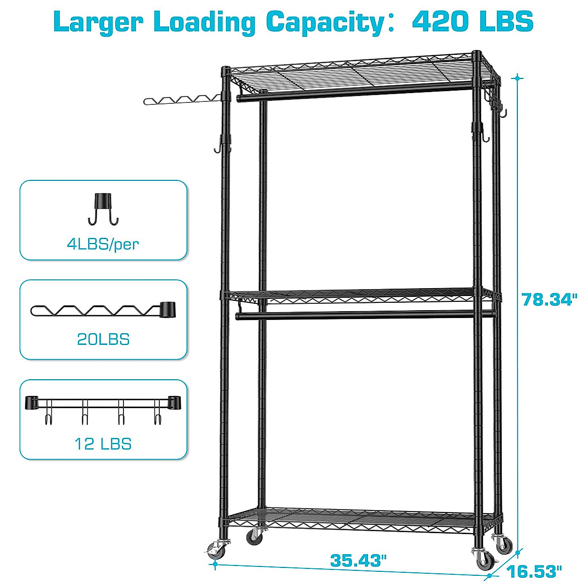 HYSEYY Clothing Racks for Hanging Clothes Load 420 LBS, Heavy Duty Clothes Garment Rack, Rolling Clothes Wardrobe Closet Rack, Metal Freestanding Clothing Rack with Shelves & Wheels, Black