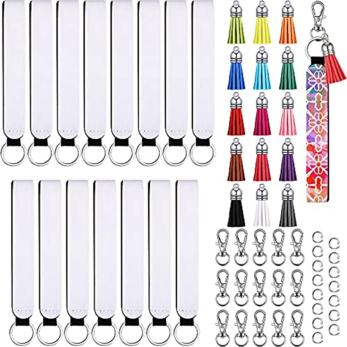 60 Pieces Sublimation Blanks Wristlet Set 15 Pieces Sublimation Blank Neoprene Wristlet, 15 Pieces Colorful Keychain Tassels 15 Pieces Swivel Snap Hooks and 15 Pieces Jump Rings for DIY Keychains