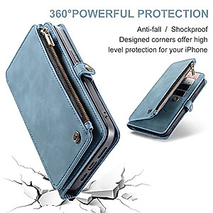 CaseMe Logo View for iPhone 13 Pro Max Magsafe Wallet Case Credit Card Holder,PU Leather Flip Lanyard Strap Wristlet Zipper Wireless Charging Women Men for iPhone 13 Pro Max Phone case(Tiffany Blue)