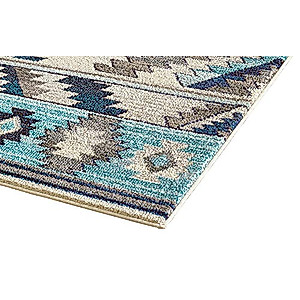 Handcraft Rugs-Southwestern Native American Modern / Faded Area Rug - Bone Gray / Navy Blue / Ivory / Aqua