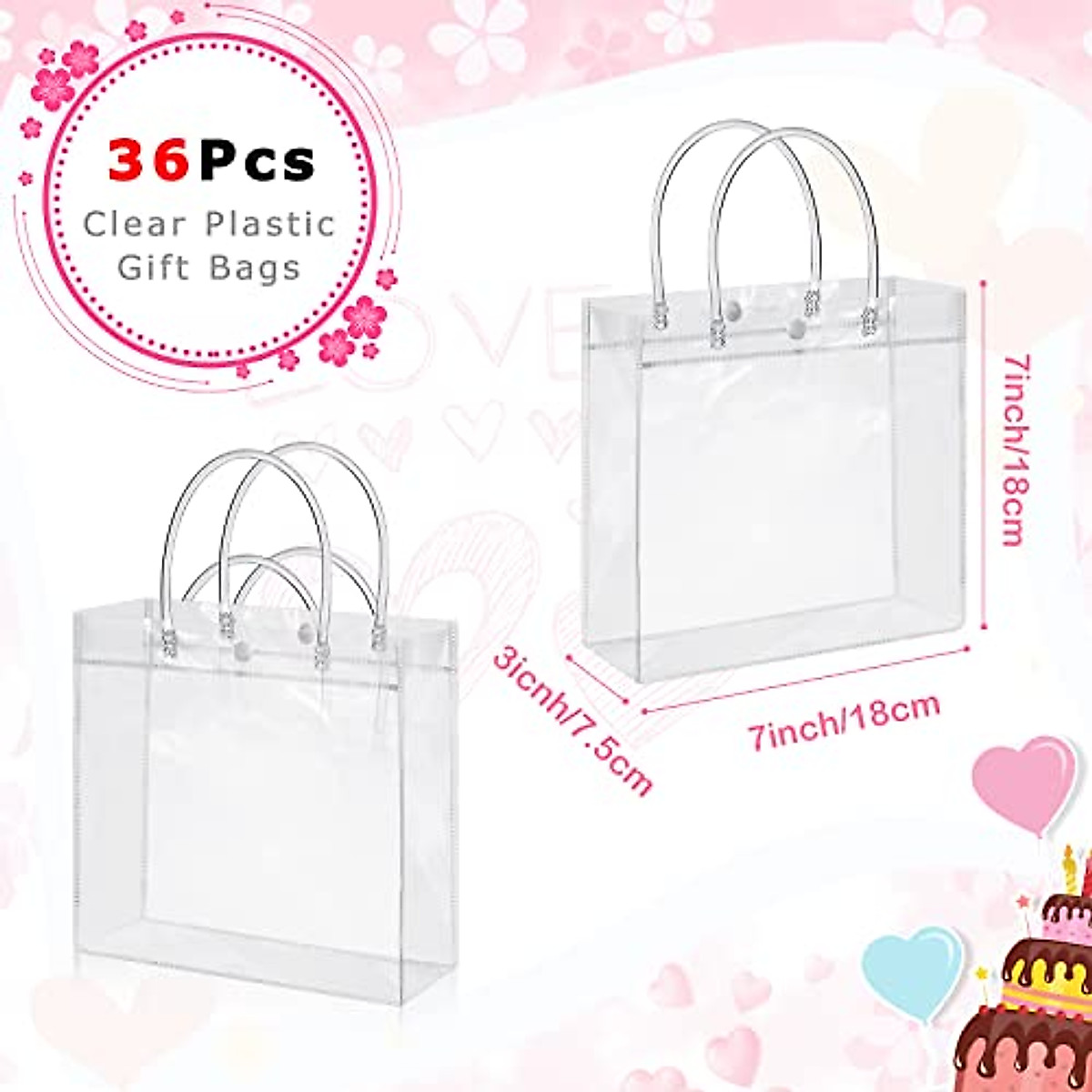 36 Pcs Clear Plastic Gift Bags with Handle Reusable Transparent PVC Plastic Gift Wrap Tote Bag Clear Bags for Favors Clear Party Favor Bags Clear Shopping Bags for Birthday Baby Shower Party Favor
