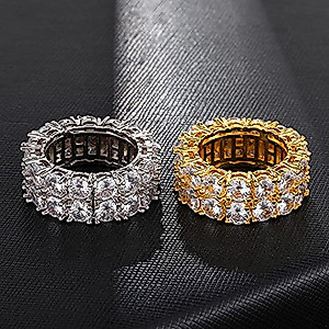 Apzzic 9mm Iced Out 2 Row Cubic Zirconia Diamond Gold Plated Hip Hop Eternity Wedding Band Engagement Ring for Men Women Gold 9