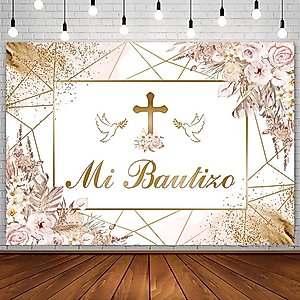 AIBIIN 7x5ft Boho Mi Bautizo Backdrop Mexican Baptism Christening Girl First Holy Communion Party Decorations Bohemian Pink Floral Pampas Photography Background Newborn Baby Shower Photo Booth Props