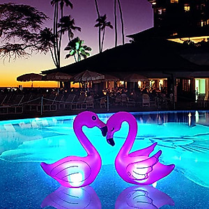 Christmas Pool Floats Lights 2PCS, Solar Flamingo Floating Pool Lights wiht Remote, Inflatable Light Up Flamingo Glow in Dark for Pool Spa Patio, Wedding, Party Christmas Decorations