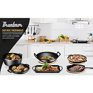 Pre Seasoned Cast Iron 7 Piece Bundle Gift Set, Double Dutch, Rectangular grill Pan, Wok, Large Skillet, Square Grill Pan & Chainmail, Camping Cookware Set