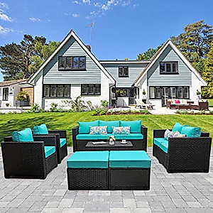 Rattaner Patio Furniture Outdoor Ottomans for Patio 2 Pcs Patio Ottoman Set Outdoor Furniture Outdoor Foot Rest for Patio Anti-Slip Cushions and Waterproof Cover, Turquoise