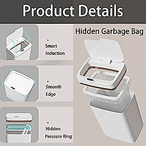 Automatic Trash Can with Lid, 3.5 Gallon Touchless Garbage Can, Slim Plastic Trash Bin Waterproof Motion Sensor Wastebasket for Living Room, Bedroom, Office, Kitchen, White (No Battery)