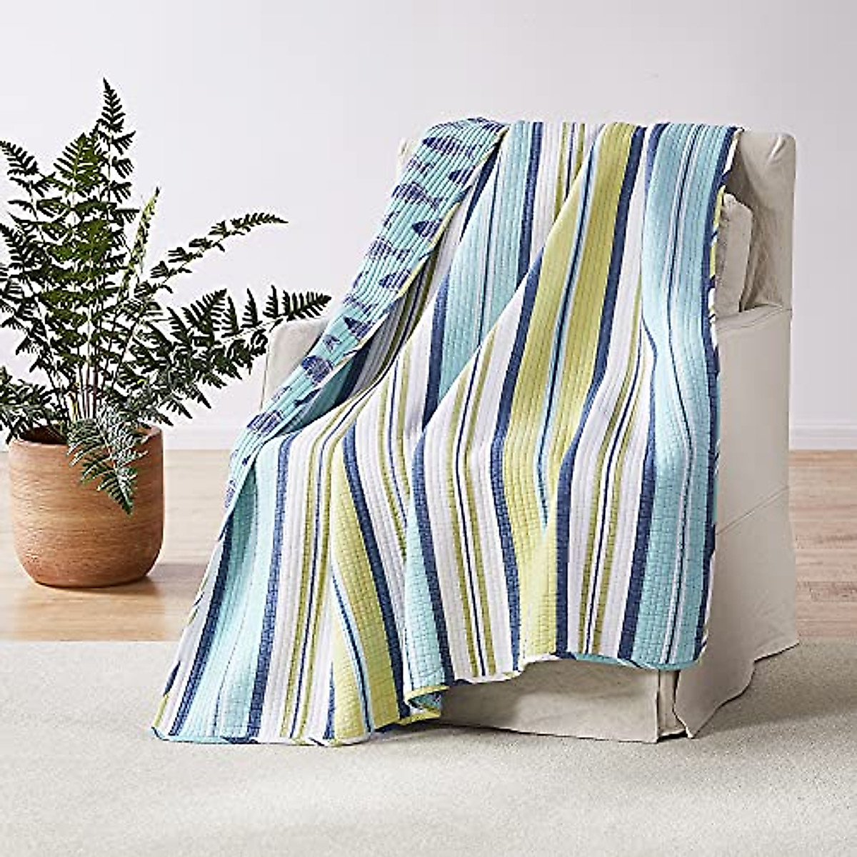 Levtex Home - Bayport - Quilted Throw - 50x60in. - Coastal Stripe - Green, Blue, White - Reversible Pattern - Cotton Fabric