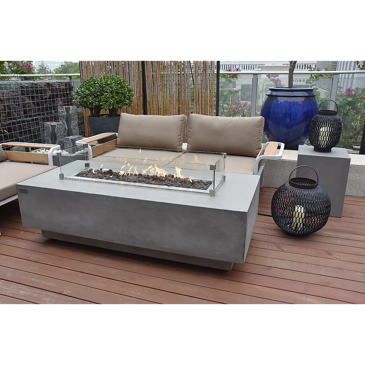 Elementi Granville Fire Pit Bundle Outdoor Firepit Set Includes 60” Natural Gas Concrete Firepit Table, Glass Windscreen, Stainless Steel Cover, Canvas Cover, Floor Mat, Ice Bucket