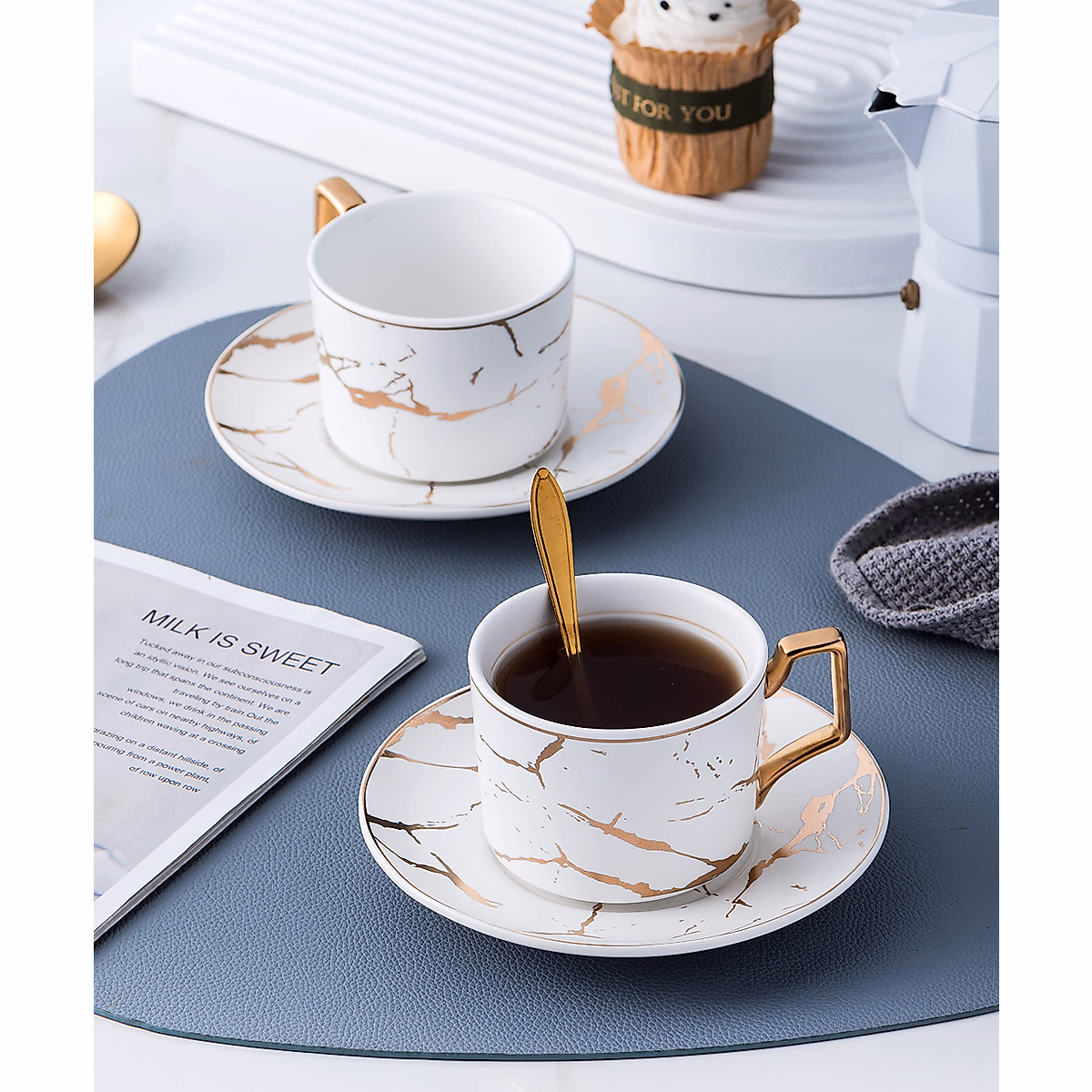 Jusalpha Serve of 4- Hand Printed Golden Matte Ceramic Marble Tea Coffee/Tea Cups with Spoons and Cup Holder, 7OZ -TCS26 (White/Gold, Serve of 4)