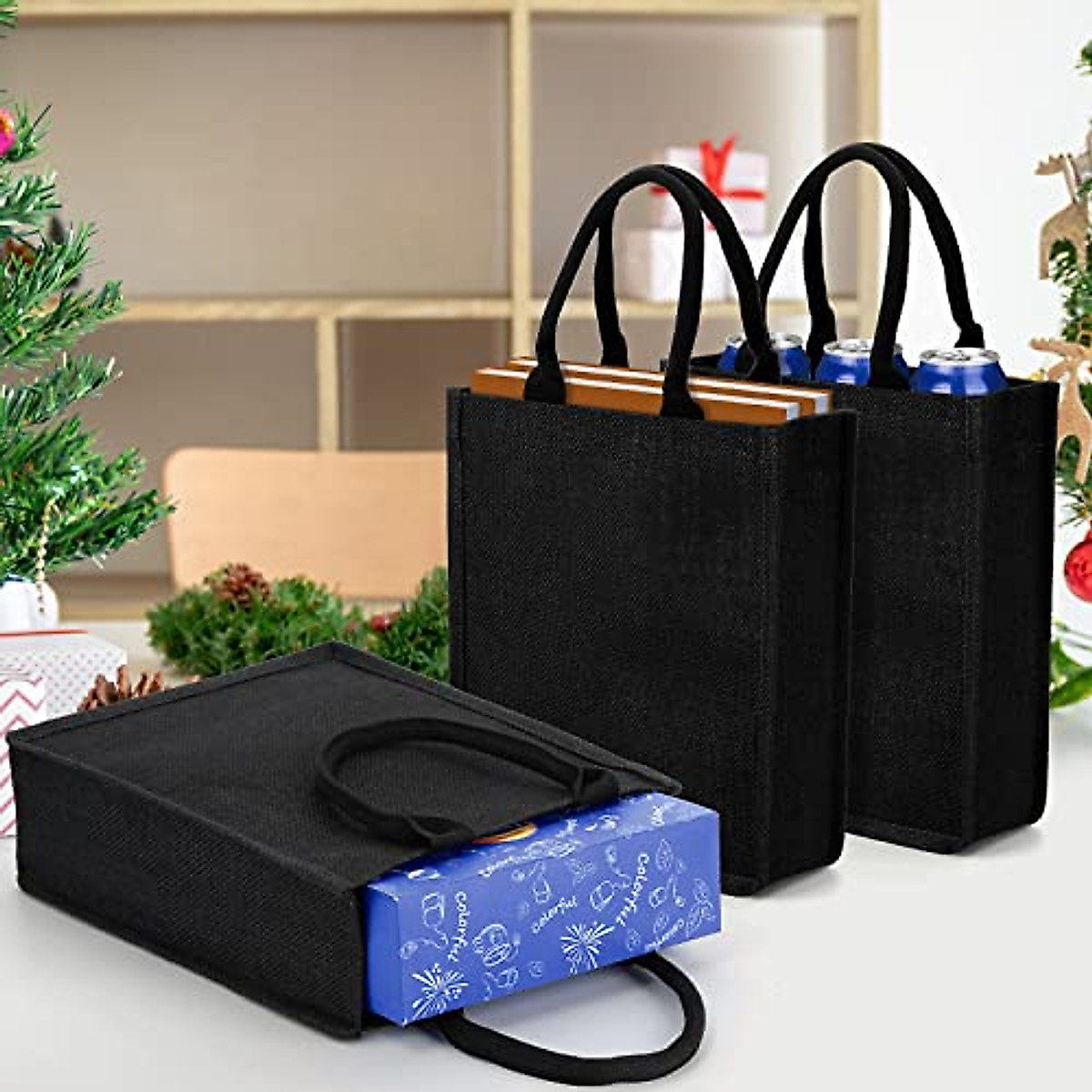 DEAYOU 8 Pack Jute Burlap Tote Bag, Burlap Gift Bag with Handle, Jute Beach Tote Laminated Interior, Reusable Lined Grocery Shopping Bag for Bridesmaid, DIY, Wedding,9.8''x11.8''x3.9'', Black