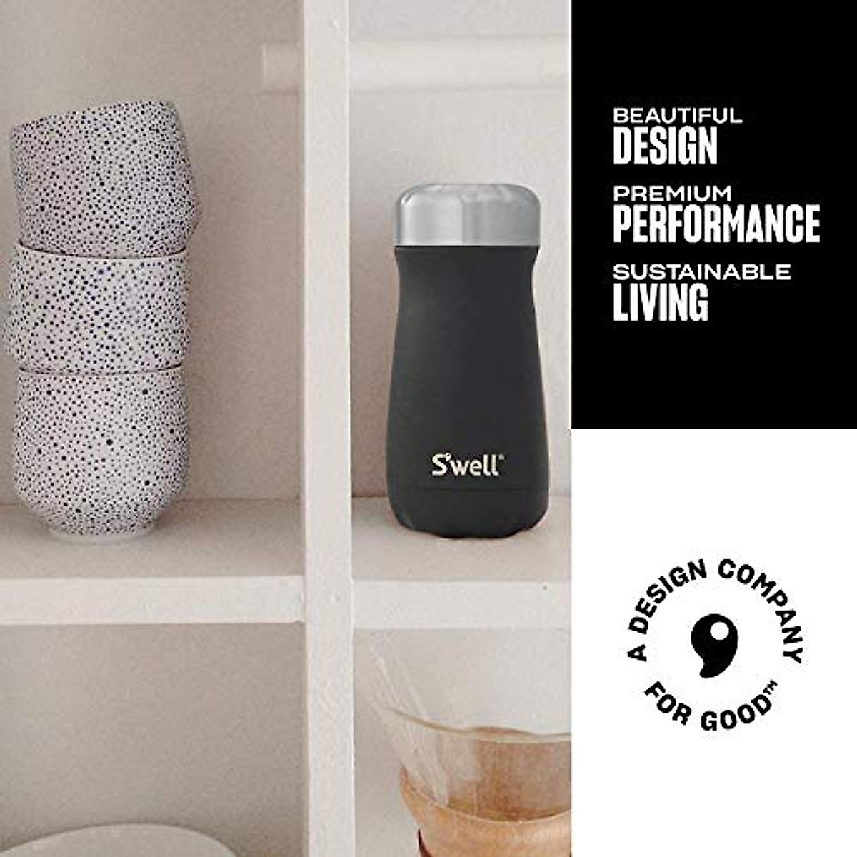 S'well Stainless Steel Traveler-12 Fl Oz-Onyx-Triple-Layered Vacuum-Insulated Containers Keeps Drinks Cold for 21 Hours and Hot for 9-with No Condensation-BPA Free Water Bottle, 1 Count (Pack of 1)