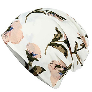 HONENNA Flower Printed Beanie Women Turban Headband Chemo Cap (Beige&Pink)
