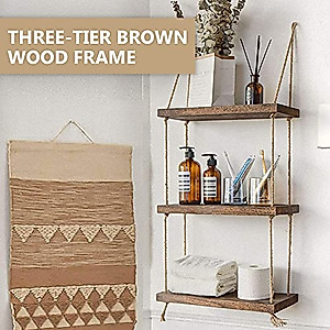 COUNTOOZQ 3 Tier Rope Rustic Brown Wall Hanging Floating Shelves Wall Shelf Wood Swing Hanging Wall Mounted Plant Flower Rack Outdoor