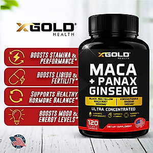 Maca Root Capsules 10,000mg + Korean Panax Ginseng 1,400mg - 20x Concentrated Extract Black + Red + Yellow Maca Root, 10x Concentrated Extract Panax Ginseng Capsules - Ultra Potent & Highly Purified