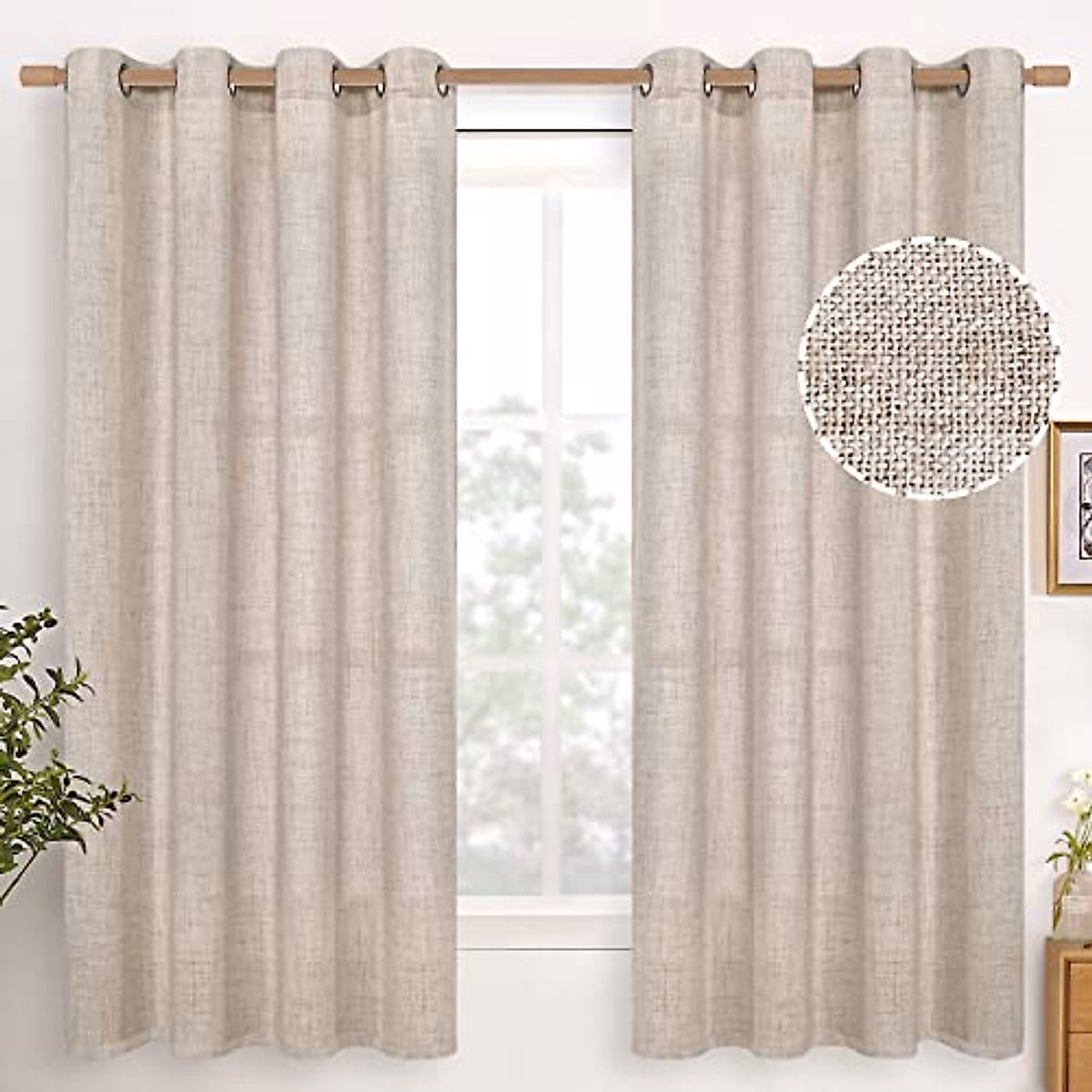 YoungsTex Natural Linen Curtains 63 Inch Length 2 Panels Burlap Linen Textured Curtains with Bronze Grommet Privacy Light Filtering Window Drapes for Living Room, 52 X 63 Inch