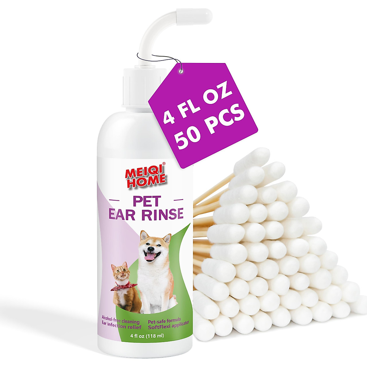 MEIQIHOME Ear Cleaner for Dogs and Cats Soothes Ear Inflammation, Removes Wax and Odor, Includes 50 Cotton Swabs, 4 Fl oz, Cleaner for Dogs