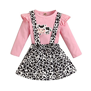 BOEBNOZCV Toddler Baby Girl Ruffled Long Sleeve Cow Print Shirts Top + Leopard Suspender Skirts Overall Dress Clothes Set (Cow Long Sleeve,2-3T)