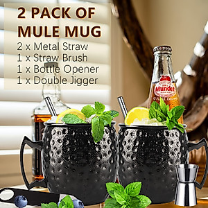 Shining Craft Moscow Mule Mugs Set of 2 - Black Plated Hammered Mugs 18 oz/ 550ml With Brass Handle and Stainless, Unlined Cups For Moscow Mule Cocktails and other Chilled Drinks (Black) SC020