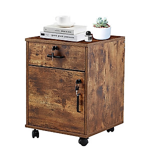 TUKAILAi Mobile File Cabinet with Lockable Drawer & Door, Under Desk Rolling Filing Cabinet with 4 Wheels, Wooden Stationery Storage Cabinet for Home Office (Rustic Brown)