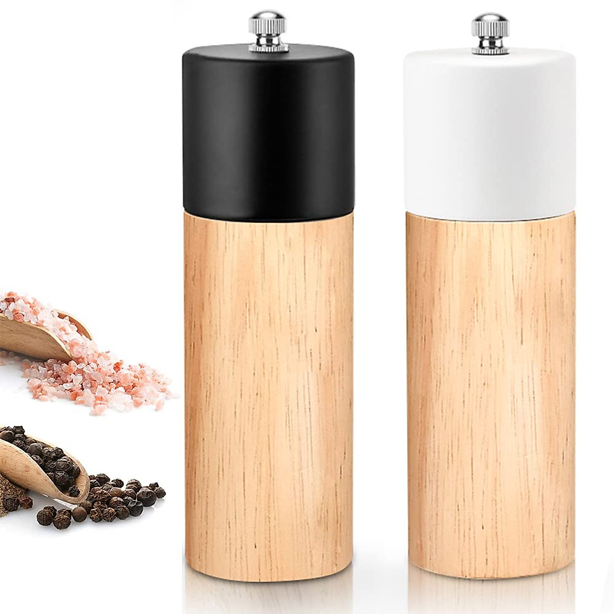 Salt and Pepper Grinder Set | Wooden Salt Grinder Shakers with Adjustable Ceramic Core | Manual Salt and Pepper Mill Refillable for Spice/Sea Salt/Chili/Peppercorn | Pack of 2 (White + Black)