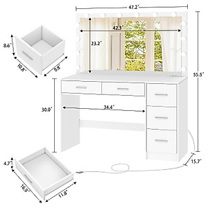 FIONESO 47.2" Large Vanity Desk with Mirror & 14 LED Lights, Makeup Vanity Table with 5 Drawers & Charging Station, Makeup Vanity Desk, 3 Lighting Colors, Dressing Vanity Table for Bedroom, White