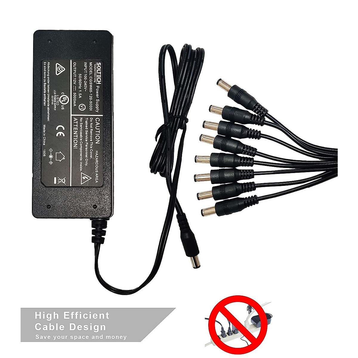 [UL Listed] SOLTECH 12V 5A 60W CCTV Security Camera Power Supply AC DC Adapter with 8-Way Power Splitter Compatible with Samsung Wisenet Lorex, Night Owl, Defender Q-See Swann