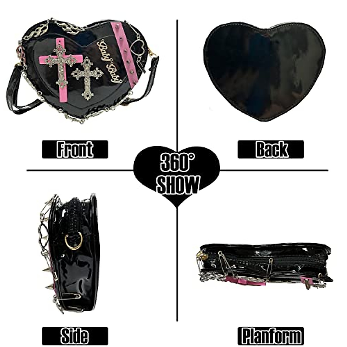 Goth Purse Kawaii Gothic Bag Y2K Heart Shaped Bag Punk Cross Decor Bag Studded Crossbody Bag (Black)