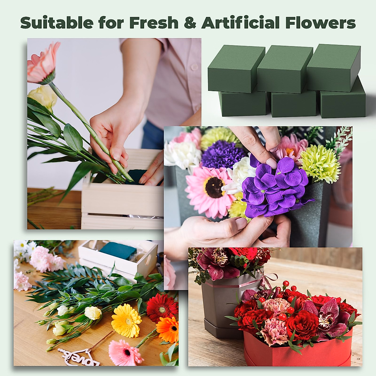 Upgraded 6 Pack Floral Flower Foam Blocks, Green Plant Foam for Flower Arrangements, Wet & Dry Florist Foam Styrofoam for Fresh and Artificial Flowers (5.5"L X 3.1"W X 1.6"H)