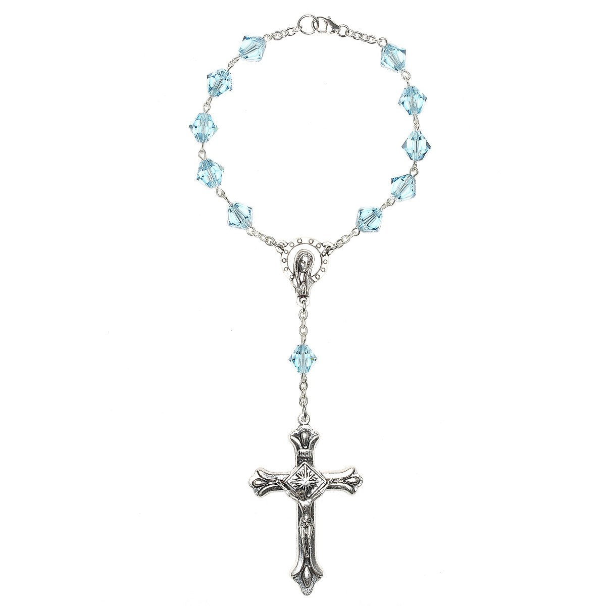 One Decade Auto Rosary made w/Aquamarine Blue Austrian Crystals (March) - Communion, Confirmation, RCIA, Birthday & more