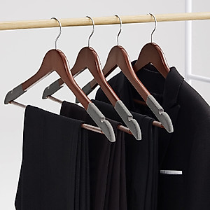 TECHMILLY Solid Natural Wooden Coat Hangers, 10 Pack Heavy Duty Smooth Finish Suit Hangers with Non-Slip Pant Bar, Precisely Cut Notches & Chrome Swivel Hook for Closet, Wardrobe