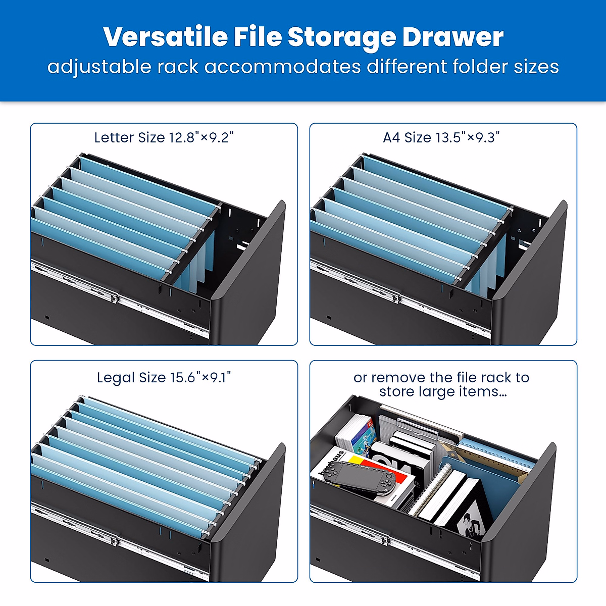 Mount-It! Slim Rolling Under Desk Cabinet, Mobile Filing Cabinet with 3 Drawers and Lock for Home & Office Storage, Black