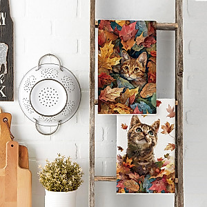 Artoid Mode Maple Leaves Cat Fall Kitchen Towels Dish Towels, 18x26 Inch Autumn Floral Thanksgiving Decoration Hand Towels Set of 2