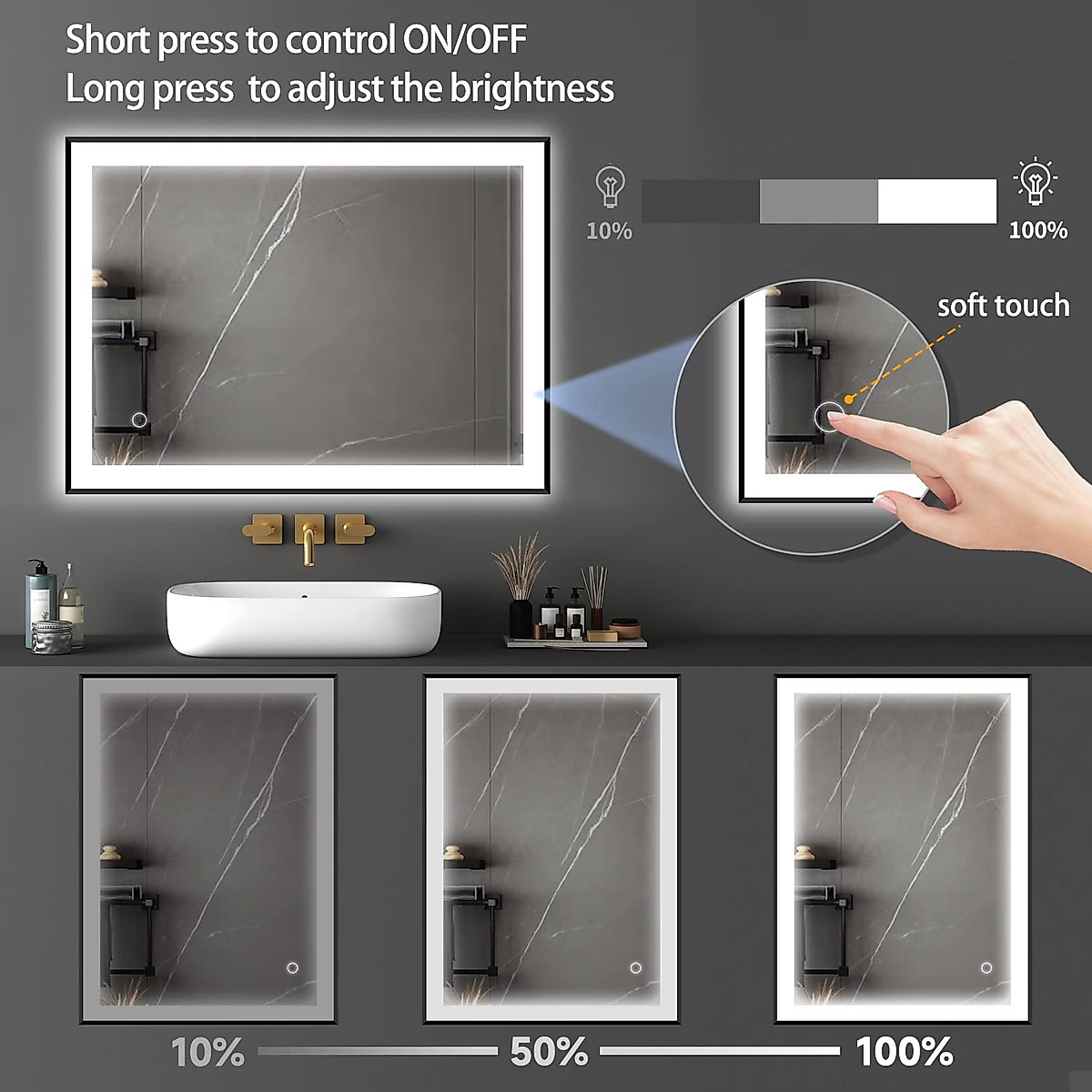 UNIQUE PLUS LIFE 20 x 28 Inch LED Bathroom Mirror with Lights, Anti-Fog Mirror for Bathroom, Black Framed Bathroom Vanity Mirror with Touch Button, Dimmable Lights Makeup Mirror, CRI 90+