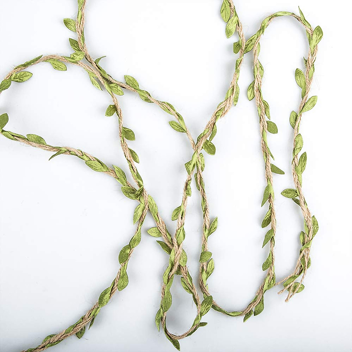 YuCool 98 Feet 5MM Burlap Leaf Ribbon, Natural Wall Hanging Jute Vine Twine with Artificial Green Leaves for Rustic Wedding,Home,Garden,Jungle Party Decorations and DIY Crafts Decor(3 Rolls)