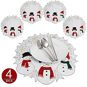 OWENIE Christmas Placemats Set of 4, White Snowman Round Place Mats for Holiday Kitchen Dining Table, Metallic Embroidered Cutwork Snowflakes for Kids, Xmas Party Decorations(4pcs, 15 inches Round)