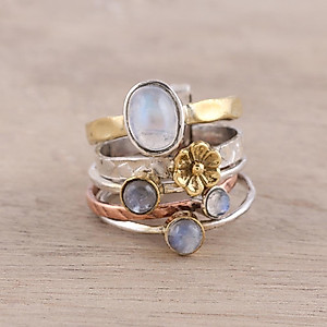 NOVICA Artisan Handmade Rainbow Moonstone Cocktail Ring Mixed Metals Floral from India Copper Sterling Silver Brass Clear Multi Gemstone [ring Front 0.8 in L x 0.8 in W x 0.3 in H Band Width 10 mm W]
