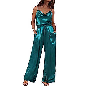 Ekouaer Lounge Wear Sets Women's Summer Silk Sleeping Pajamas Satin Cami Top with Long Pants Gift Set 2 Piece Tracksuit Blue Green,XXL