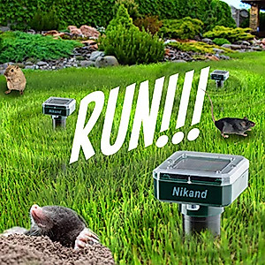 NIKAND Solar Mole Repellent Ultrasonic 4 Pack Outdoor Powered Sonic Deterrent - Mole Stopper Scare Vole for Lawn Garden Yard Home - Groundhog Repeller Snake Rodent Gopher Spikes Chaser Pest (4 Pack)